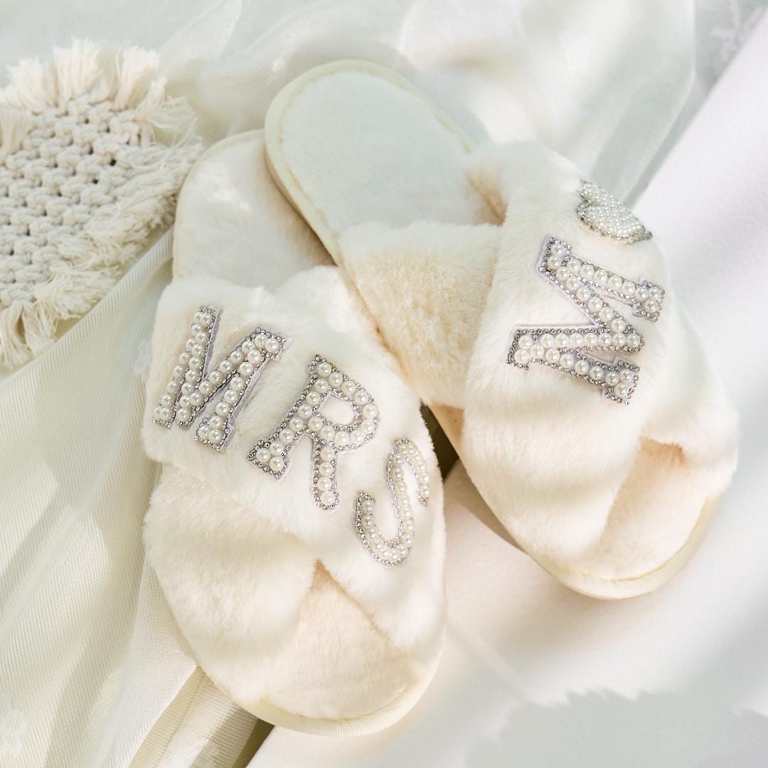 Bridal Mrs Wedding Slippers, Custom Mrs Fluffy Slippers With Pearls ...