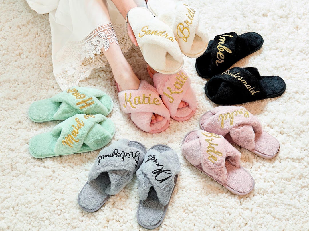 Custom Fluffy Slippers, Fluffy Cross Slippers, Custom Bride Slippers ...