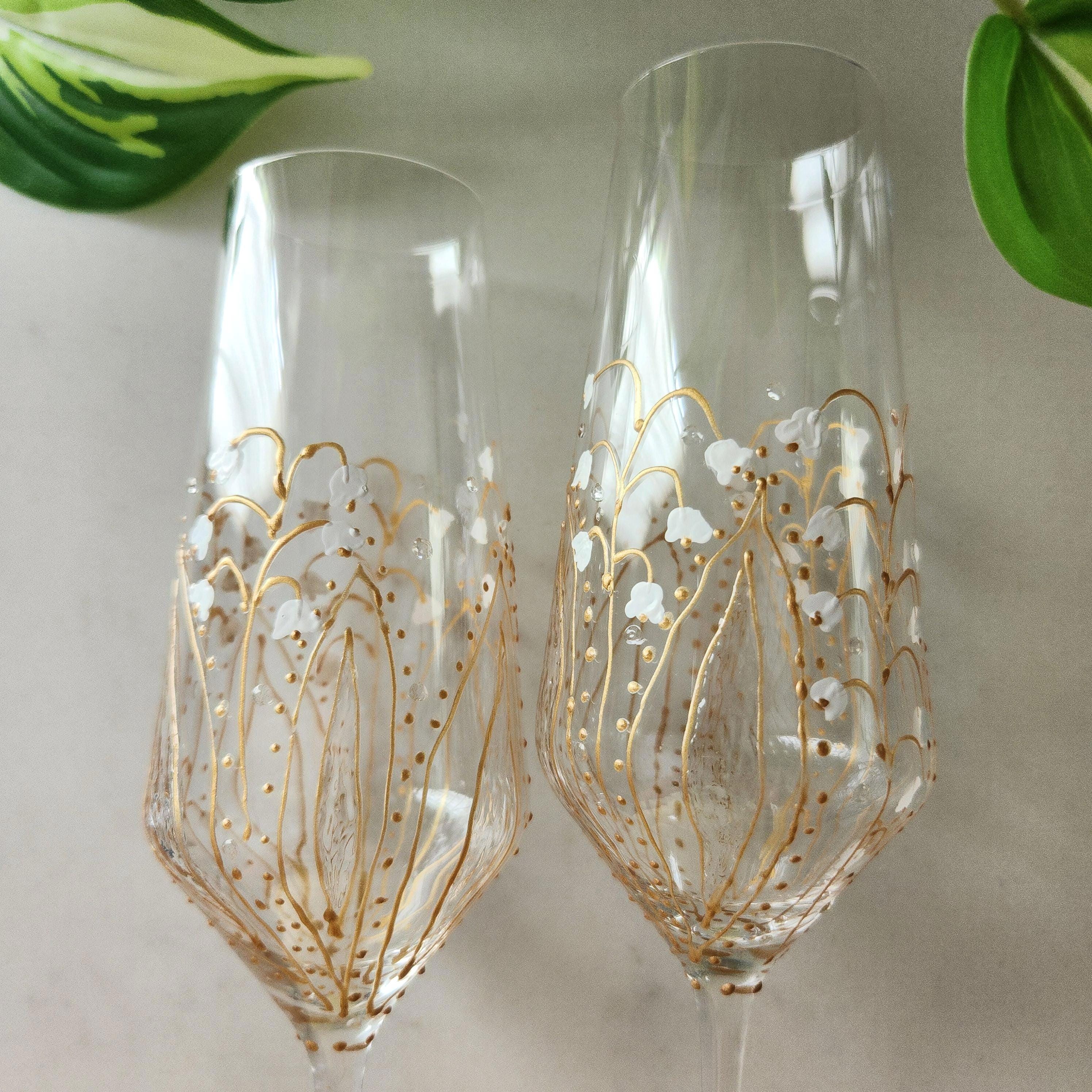 Hand-painted Crystal Champagne Flutes: Lily of the Valley Floral Design ...