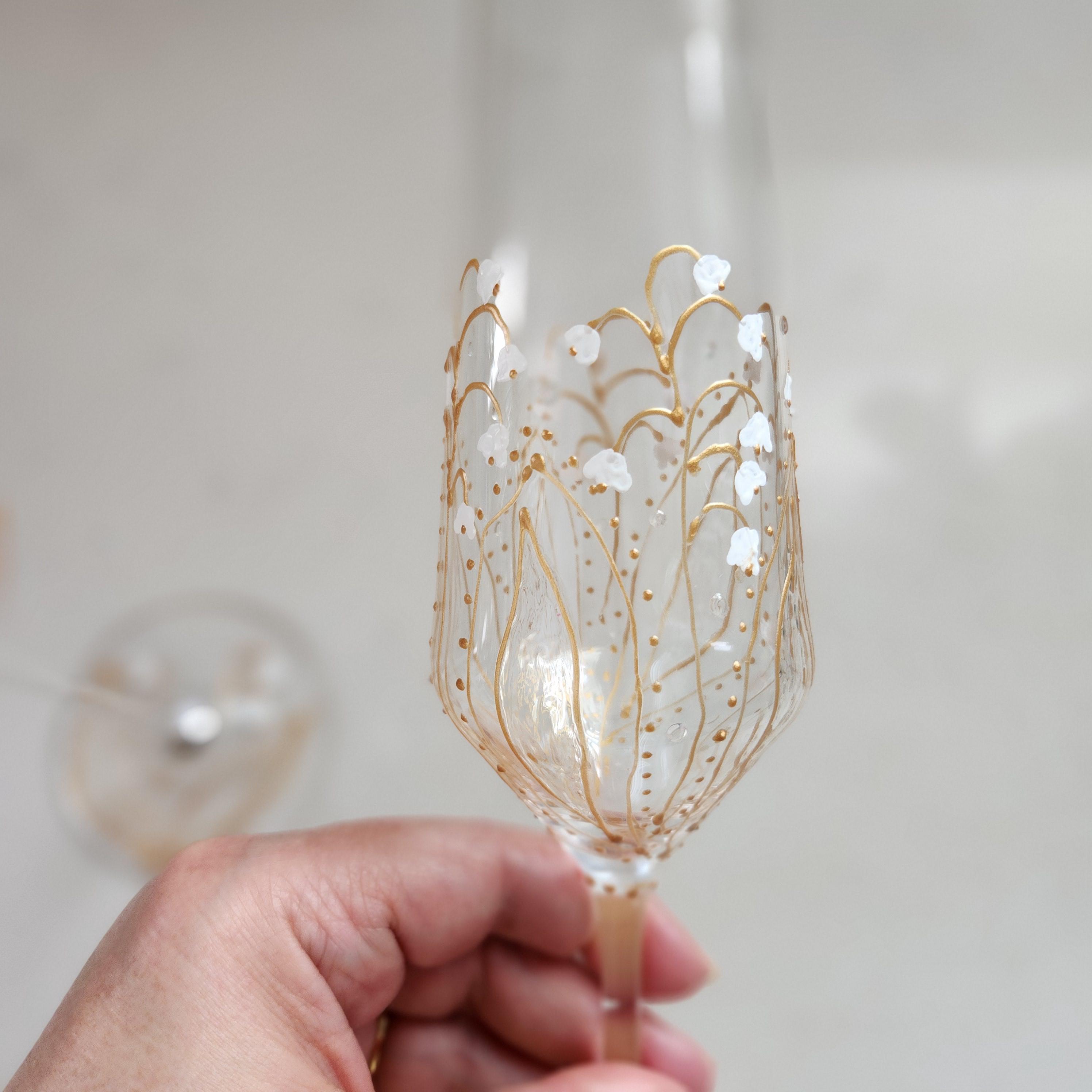 Hand-painted Crystal Champagne Flutes: Lily of the Valley Floral Design ...