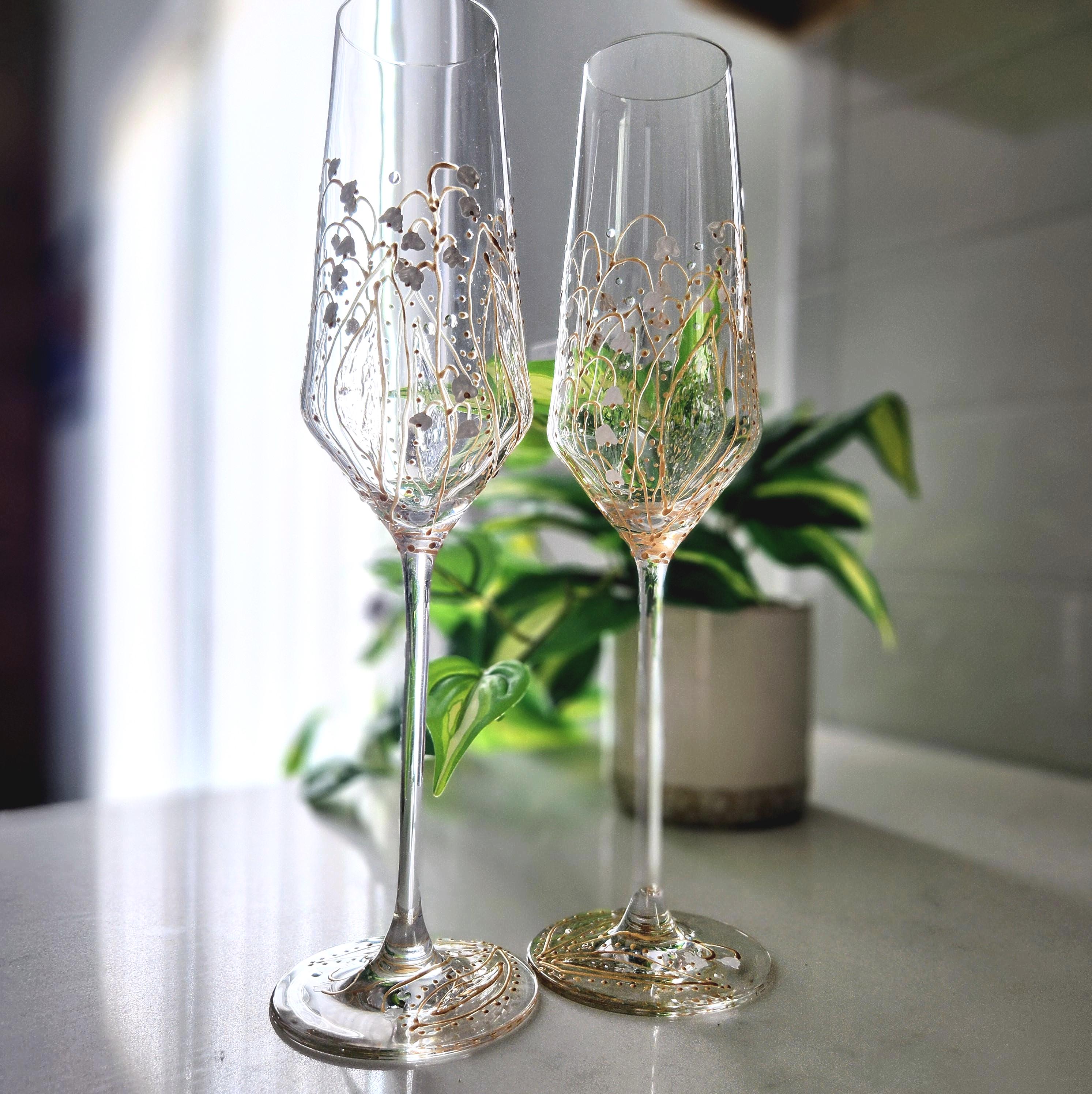 Hand-painted Crystal Champagne Flutes: Lily of the Valley Floral Design ...