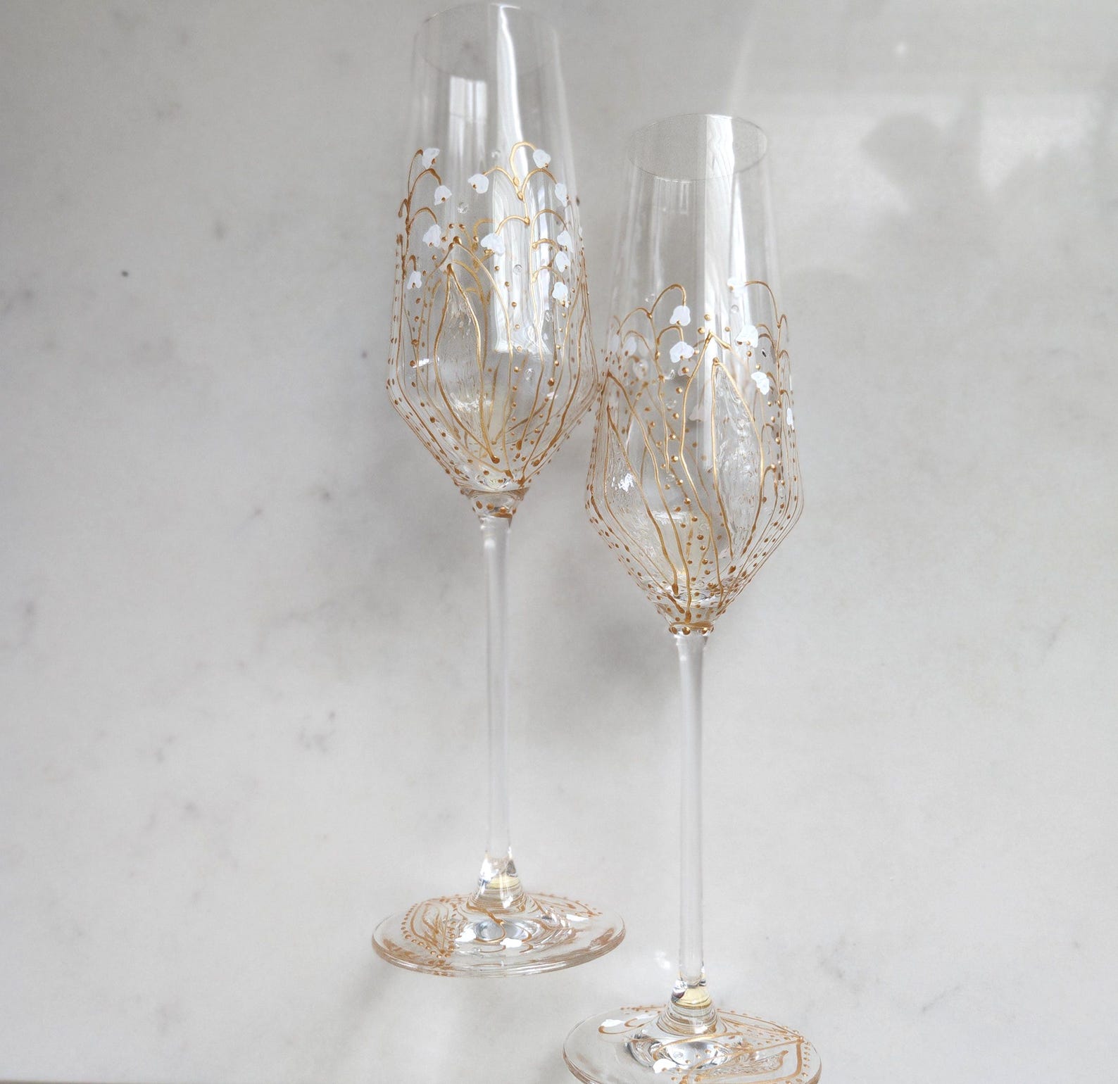Hand-painted Crystal Champagne Flutes: Lily of the Valley Floral Design ...