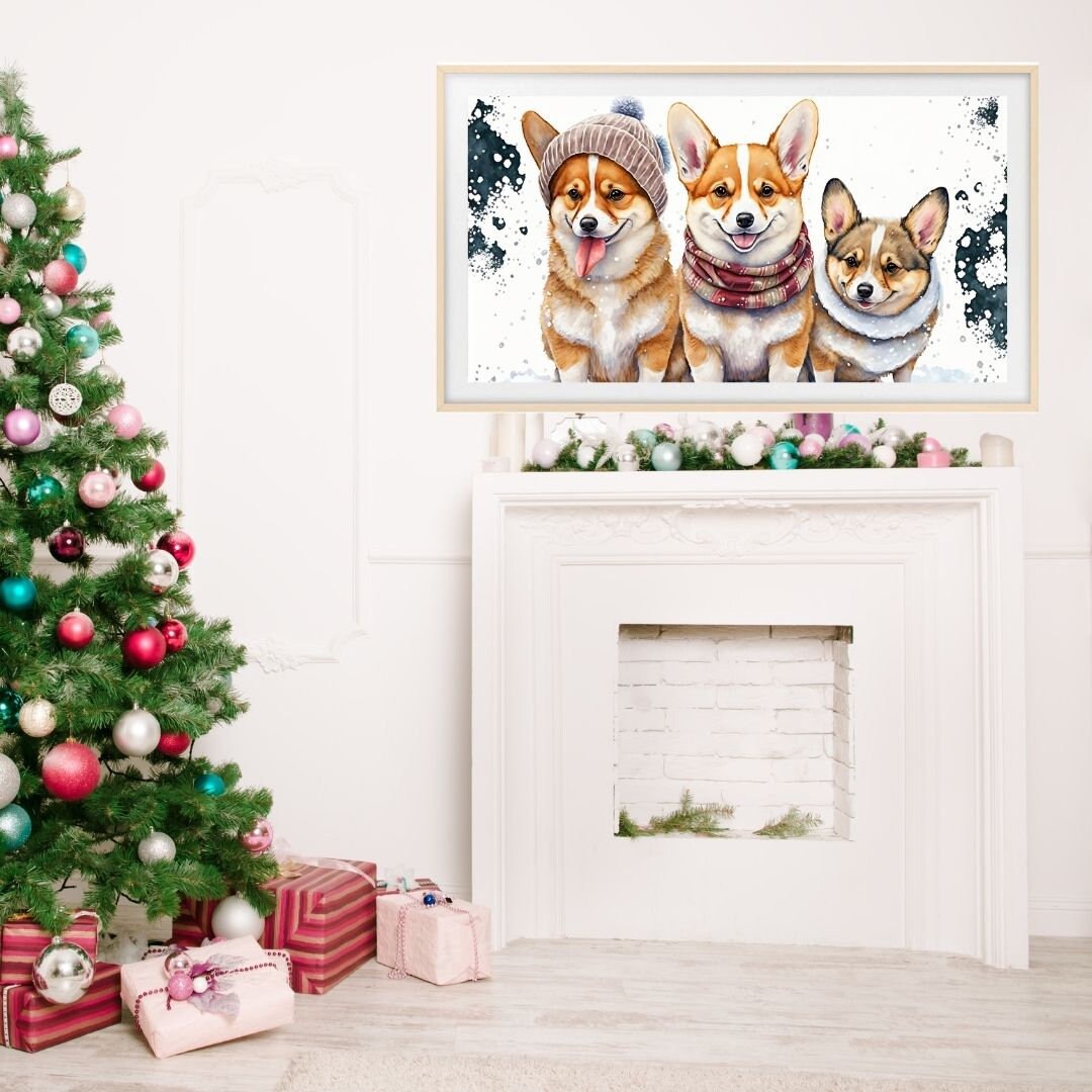 Corgi Frame TV Art - Winter Dog Art, Wearing Scarf, Instant Download ...