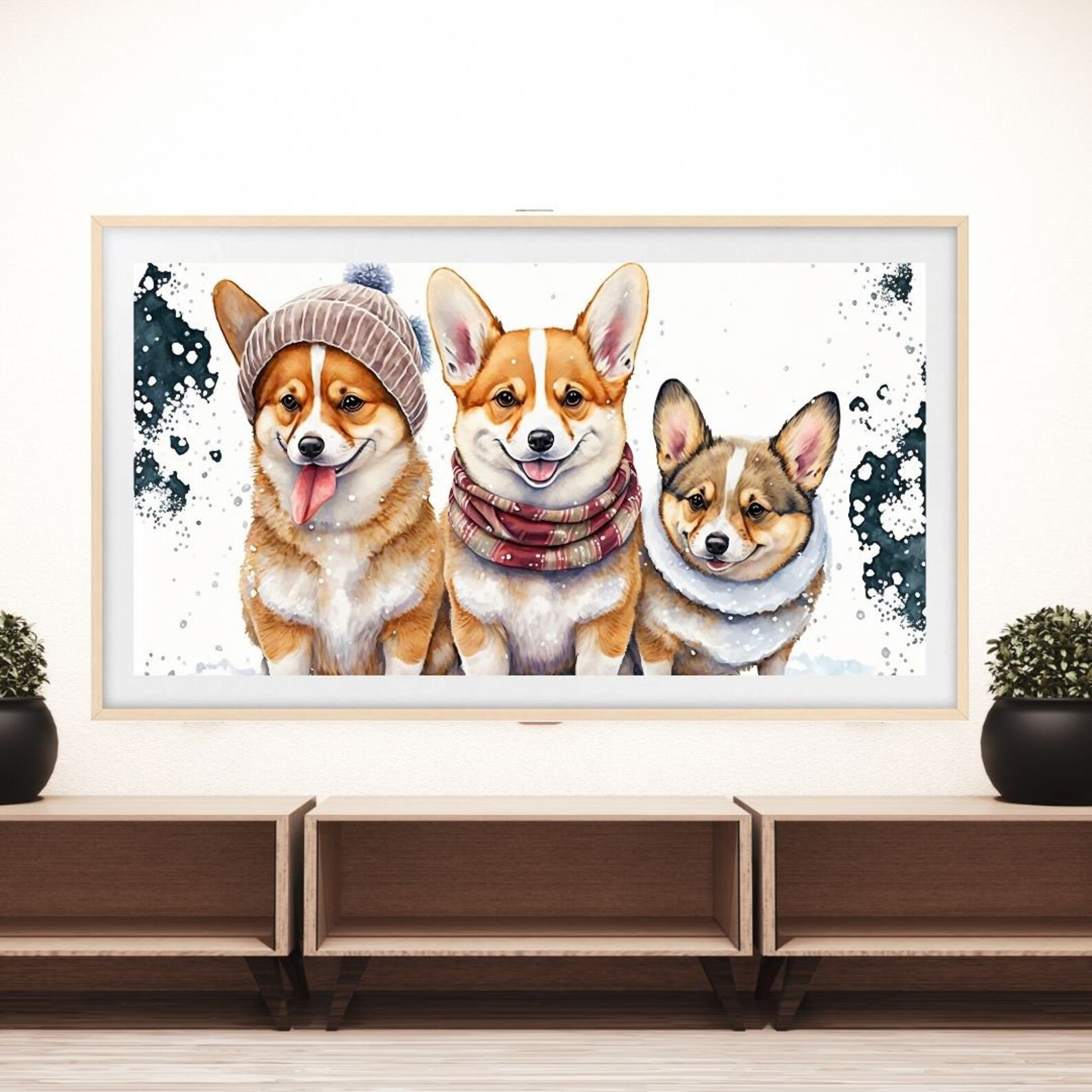 Corgi Frame TV Art - Winter Dog Art, Wearing Scarf, Instant Download ...