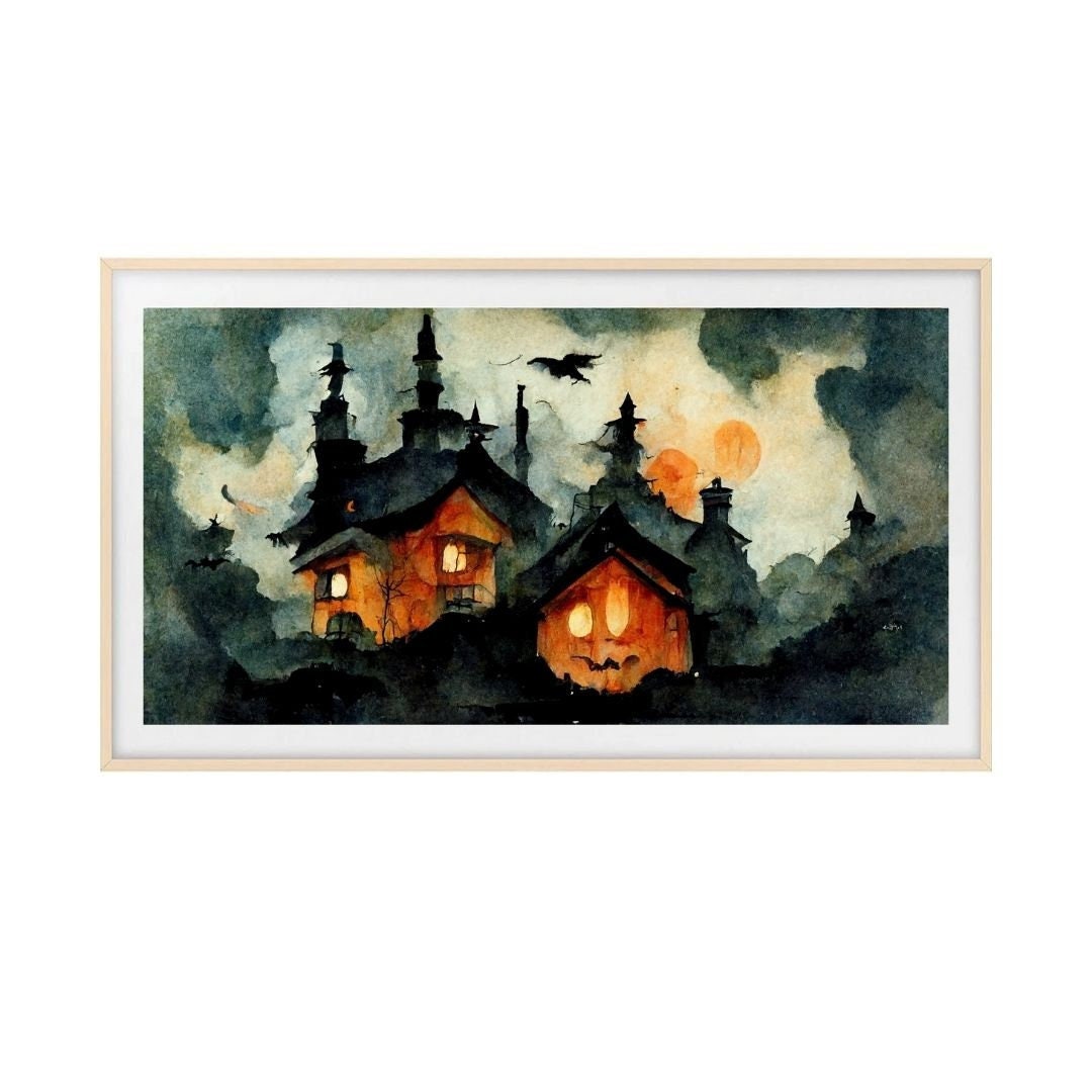 Haunted House Halloween Frame TV Art | Watercolor Printable Art | Jack ...