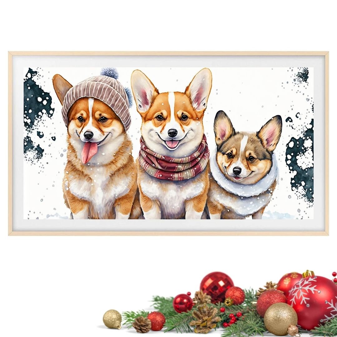 Corgi Frame TV Art - Winter Dog Art, Wearing Scarf, Instant Download ...