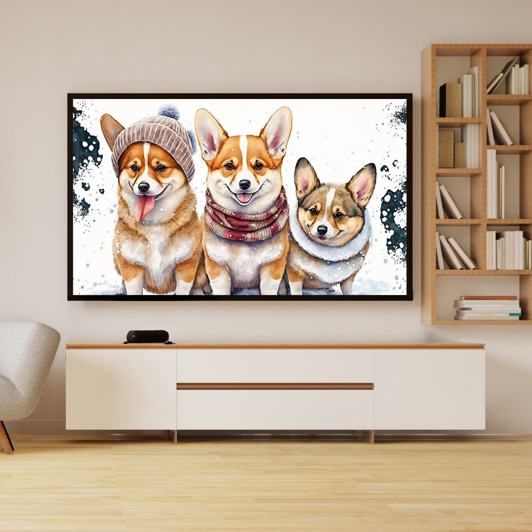 Corgi Frame TV Art - Winter Dog Art, Wearing Scarf, Instant Download ...