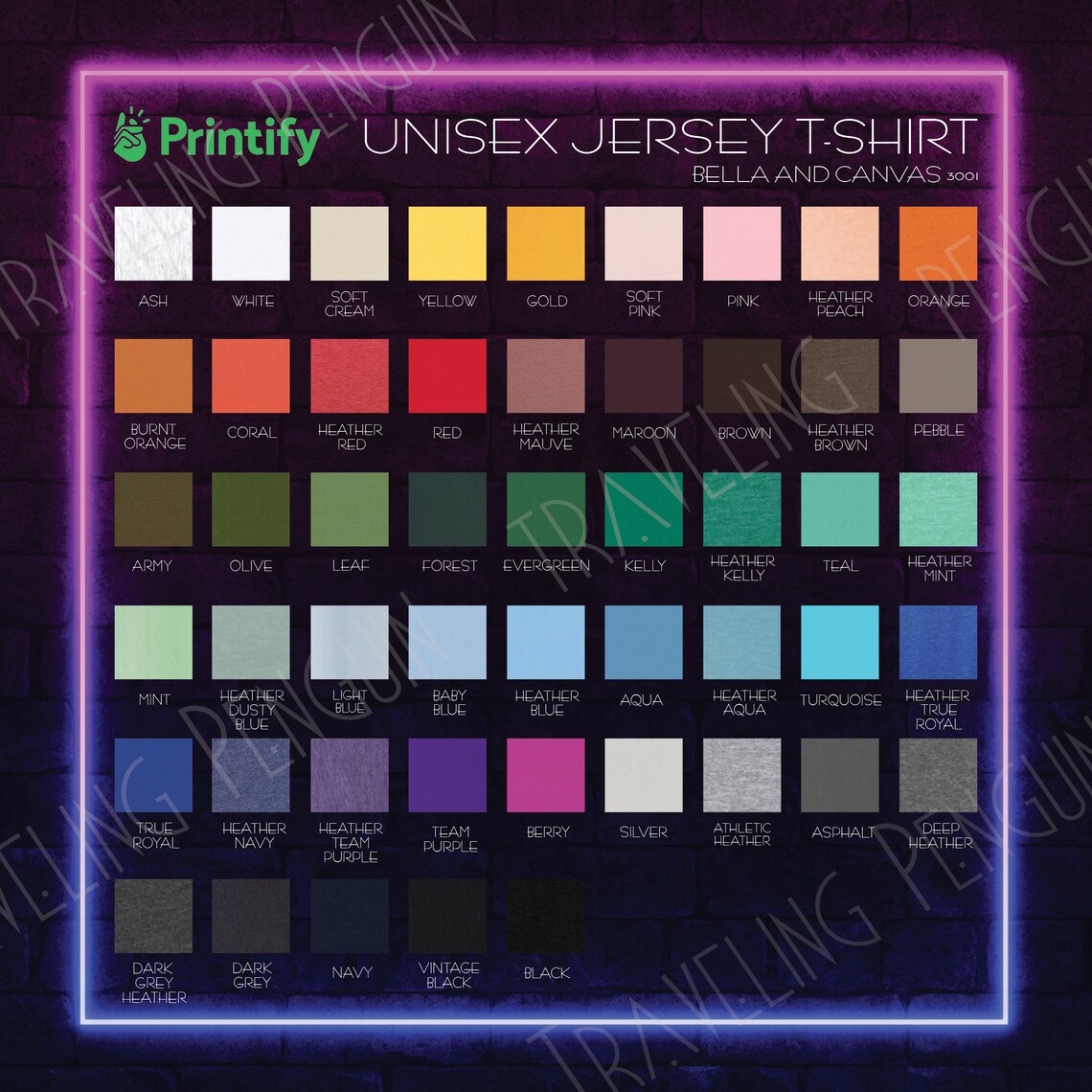 Printify Bella and Canvas 3001 Shirts Color Chart Printify | Etsy