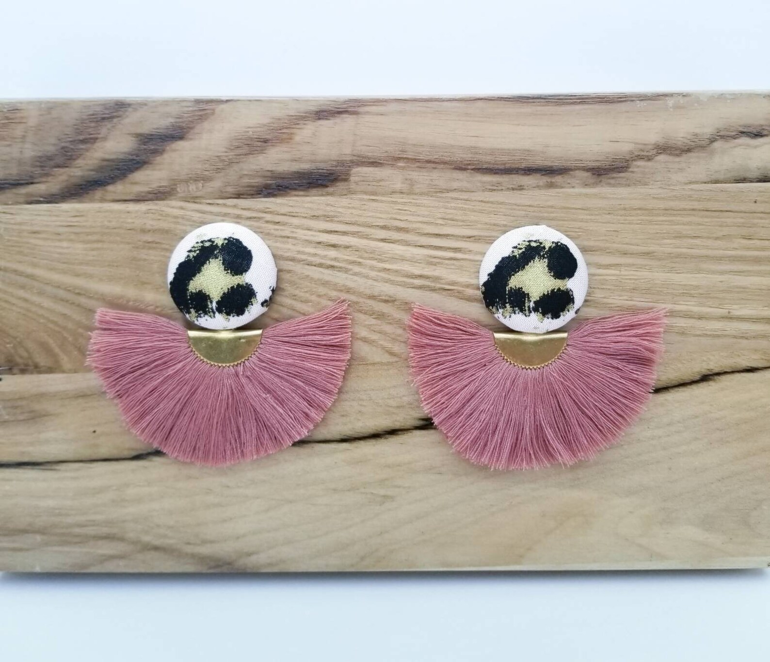 Pink & Gold Cheetah Button Tassel Earrings/boho Statement Fringe - Etsy