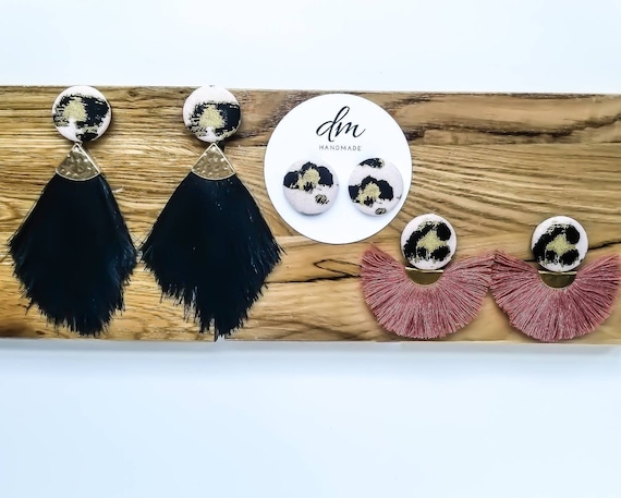 Pink & Gold Cheetah Button Tassel Earrings/boho Statement | Etsy