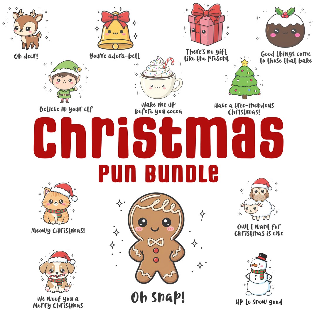 Christmas Pun Clipart Bundle, 12 Kawaii Holiday Illustrations, Cute PNG ...