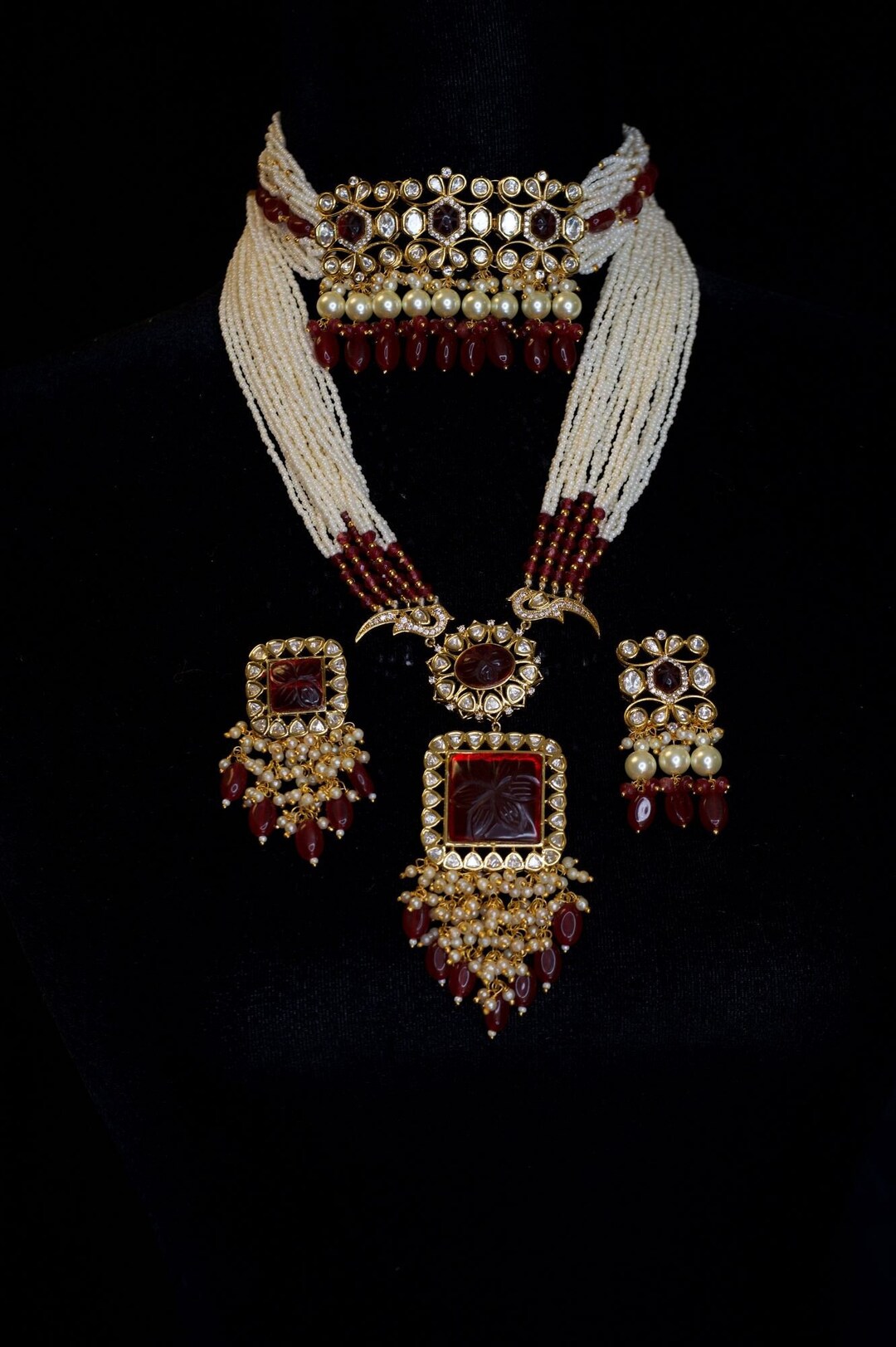 Indian Bridal Set With Red Pearl Drops and Kundan - Gold Plated Metal ...