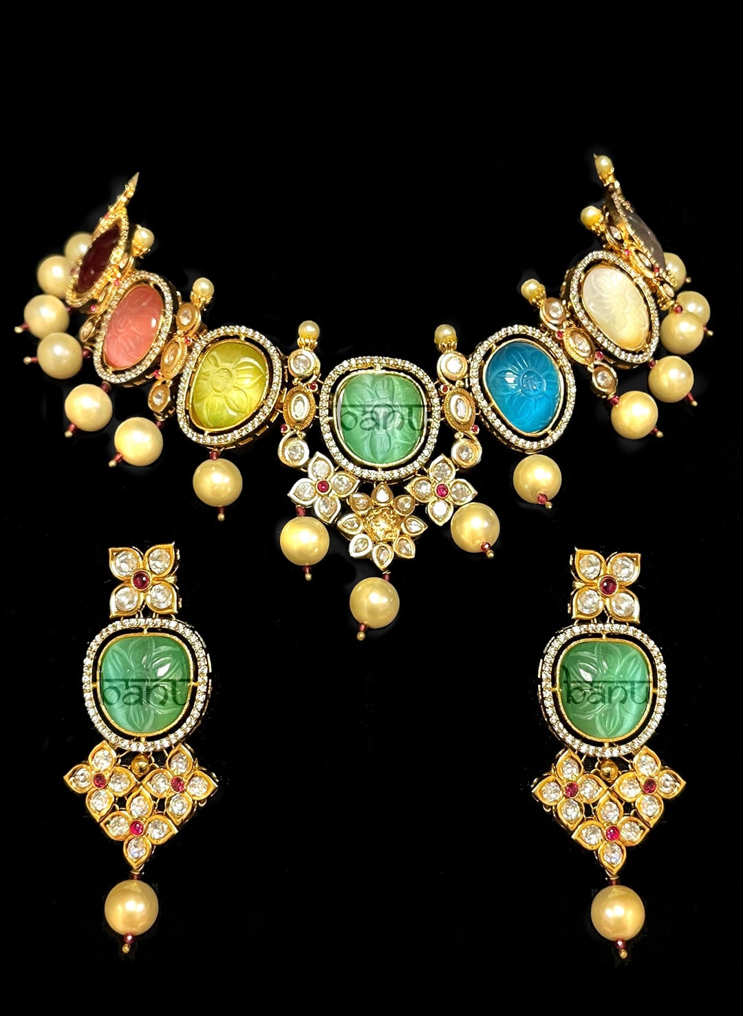 Anushna Set - Punjabi Kundan Bridal Set With Navratan Gems & Pearl ...