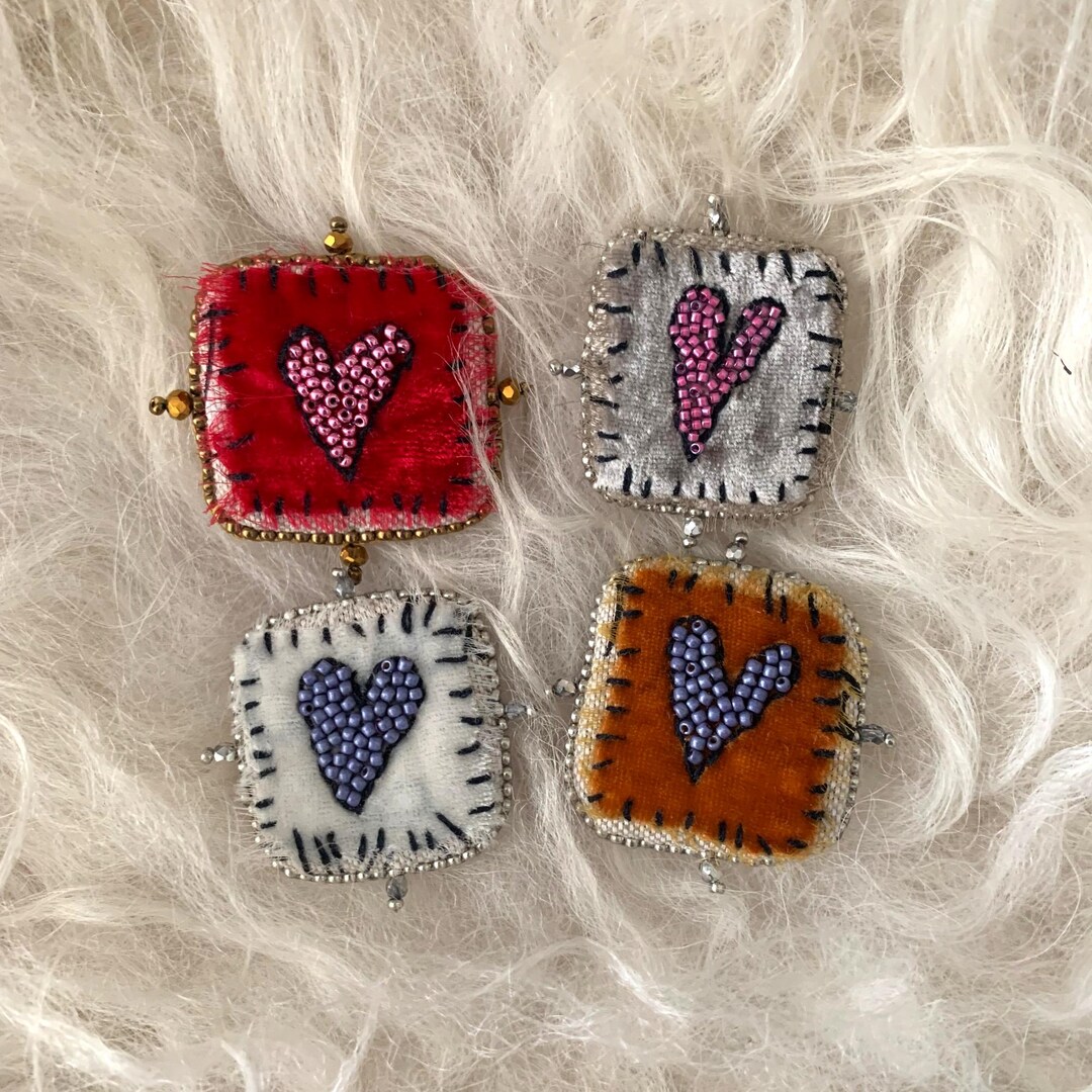 Hand-embroidered Velvet Heart Brooch: Beaded Heart Pin - Etsy
