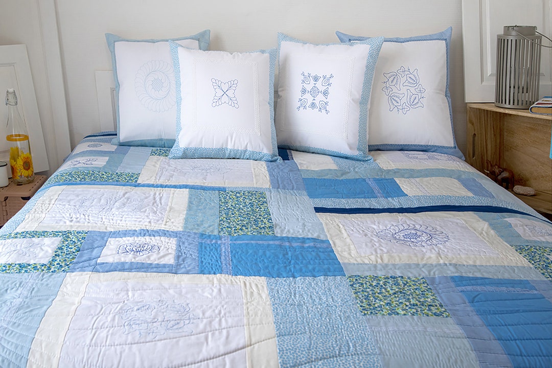 Modern Patchwork Quilt | Blue White Quilt | Patchwork Embroidery Quilt ...
