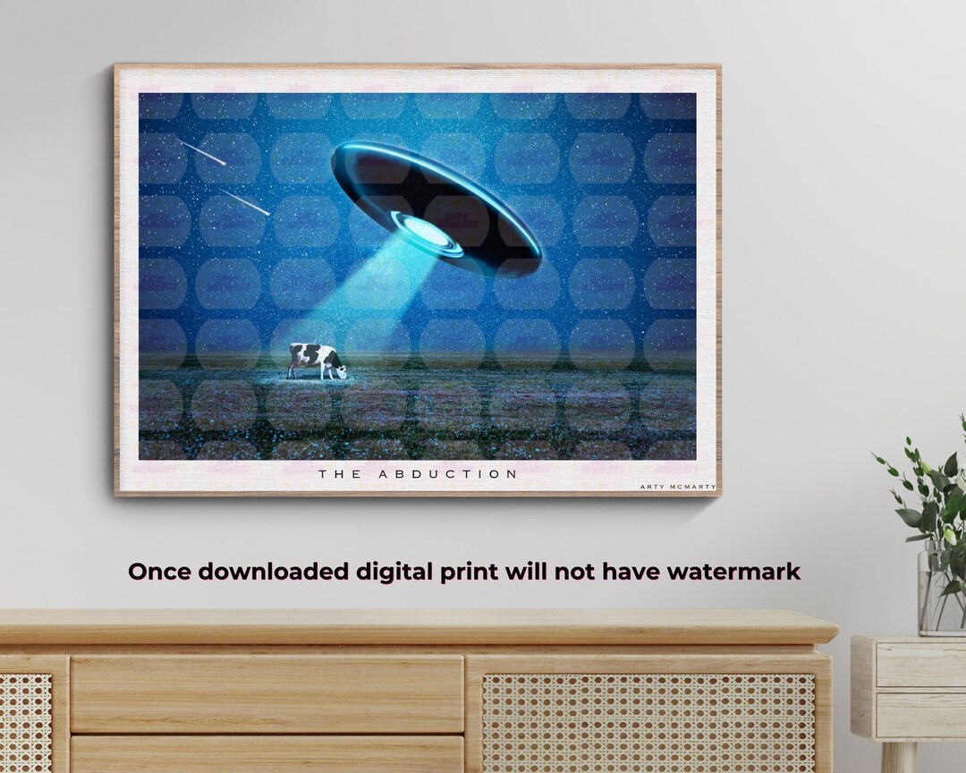Alien Poster , UFO Poster, UFO Illustration , Cow Abduction , UFO Cow ...