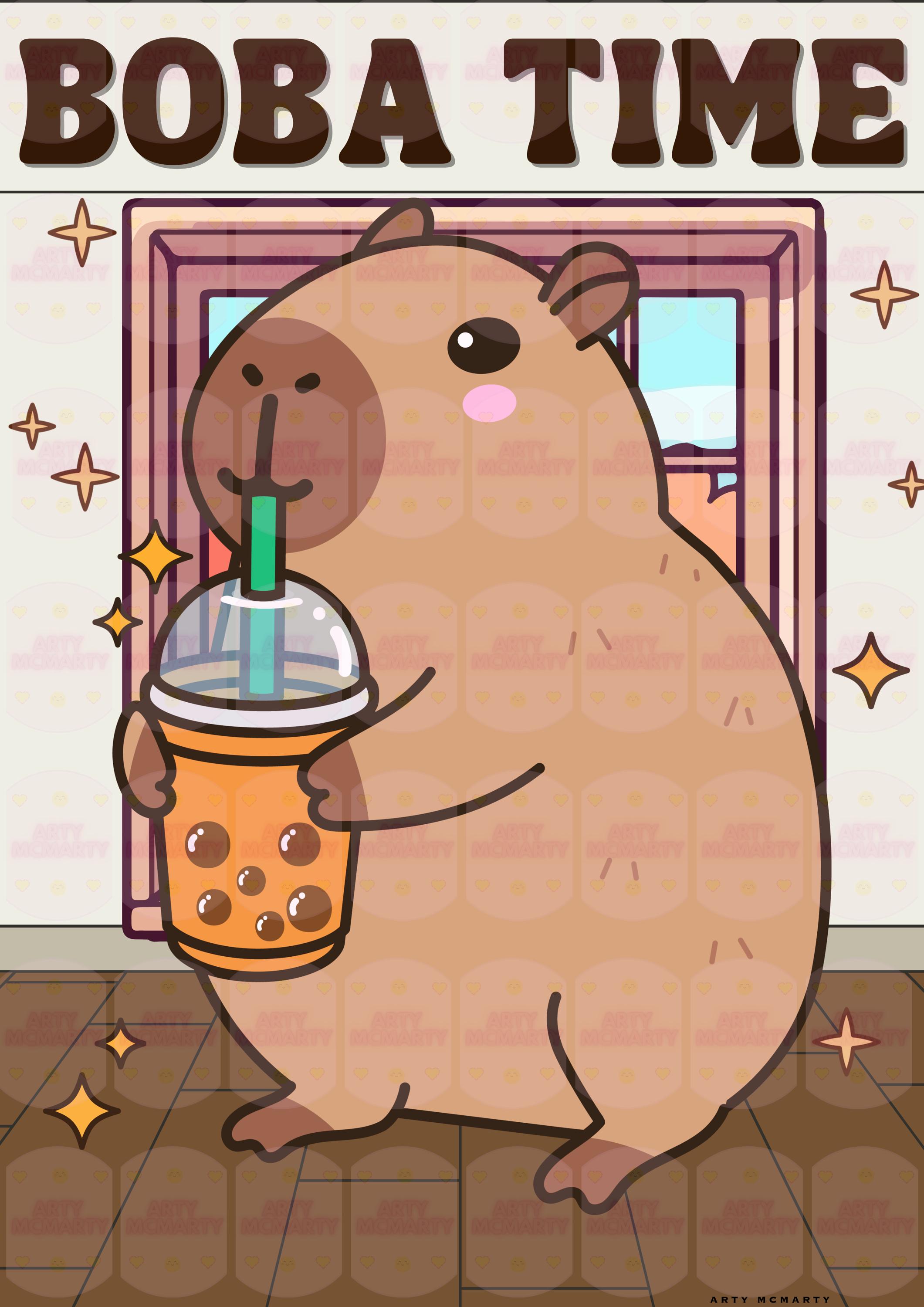 Capybara Art, Capybara Drinking Boba, Boba Art, Boba Tea Art Poster ...