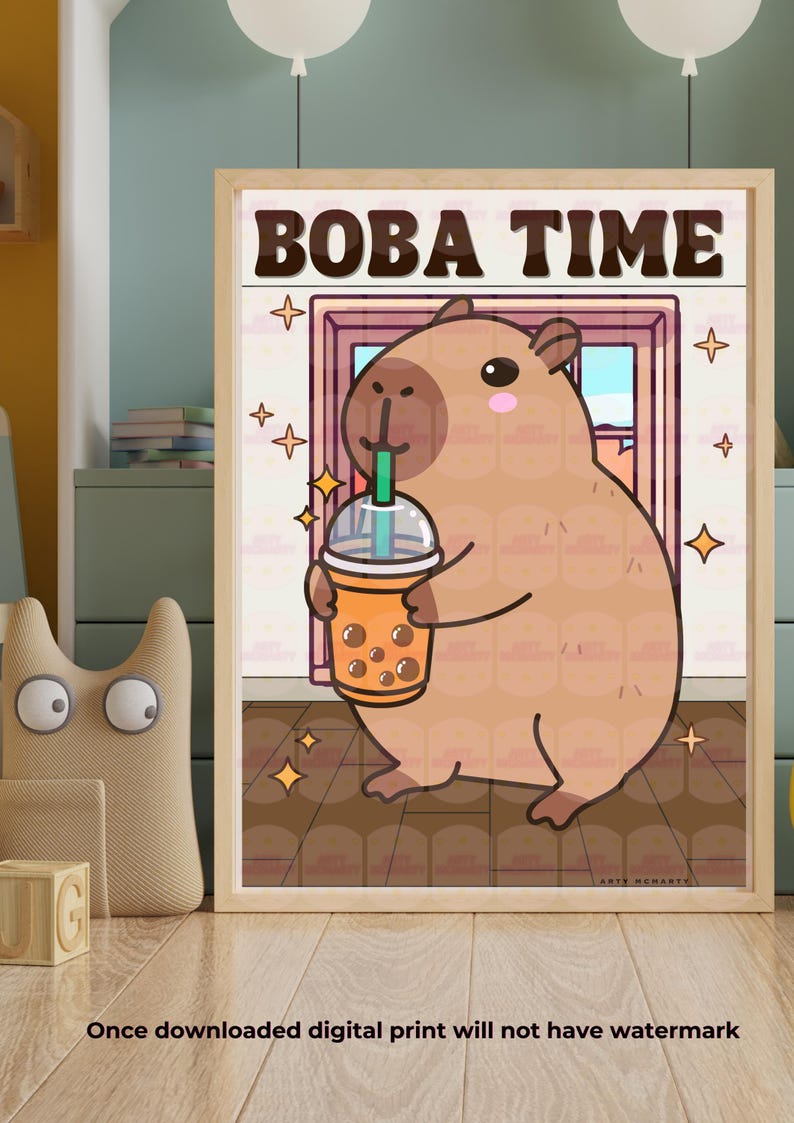 Capybara Art, Capybara Drinking Boba, Boba Art, Boba Tea Art Poster ...
