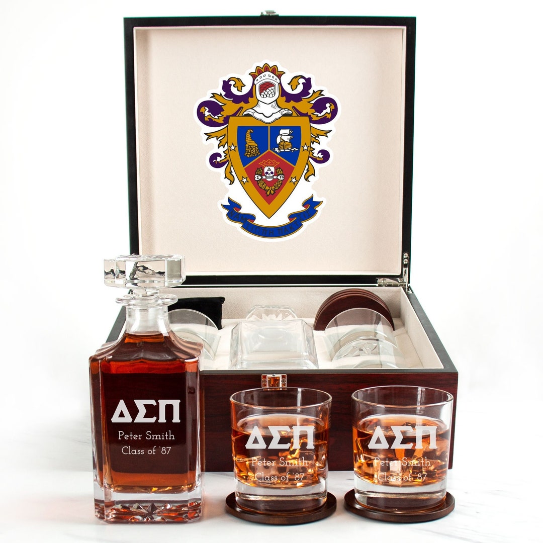 Delta Sigma Pi Fraternity Cherry Wood Decanter and Whiskey Glass Set ...