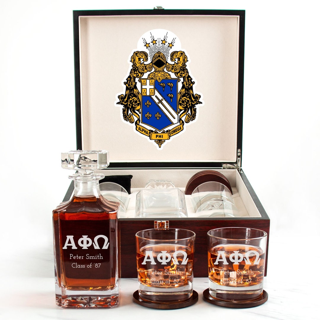 Alpha Phi Omega Fraternity Cherry Wood Decanter and Whiskey Glass Set ...