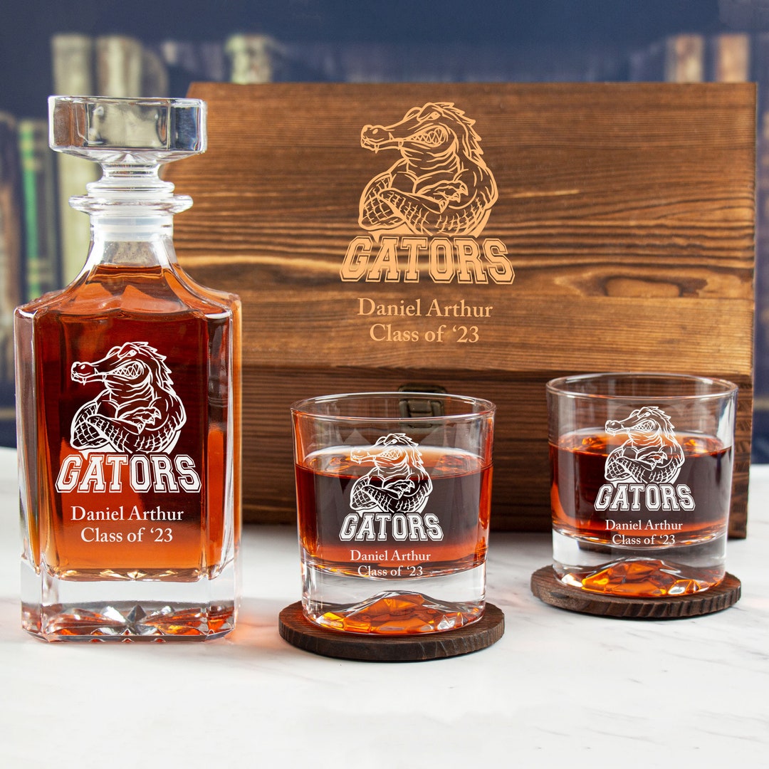 Gators Mascot Design Team Logo - Personalized Wood Box Whiskey Bar Set ...