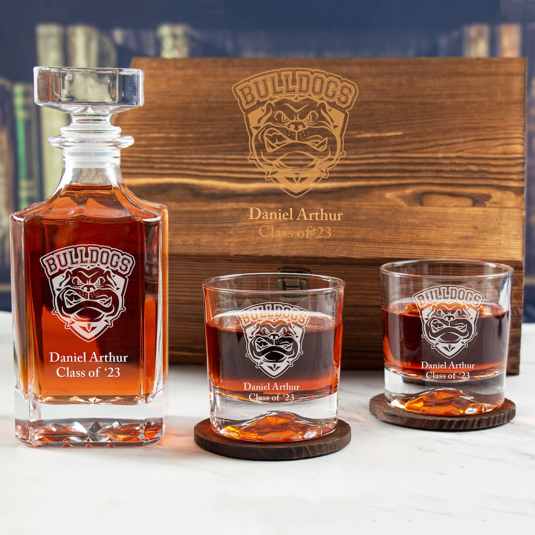 Bulldogs Mascot Design Team Logo Personalized Wood Box Whiskey Bar Set ...