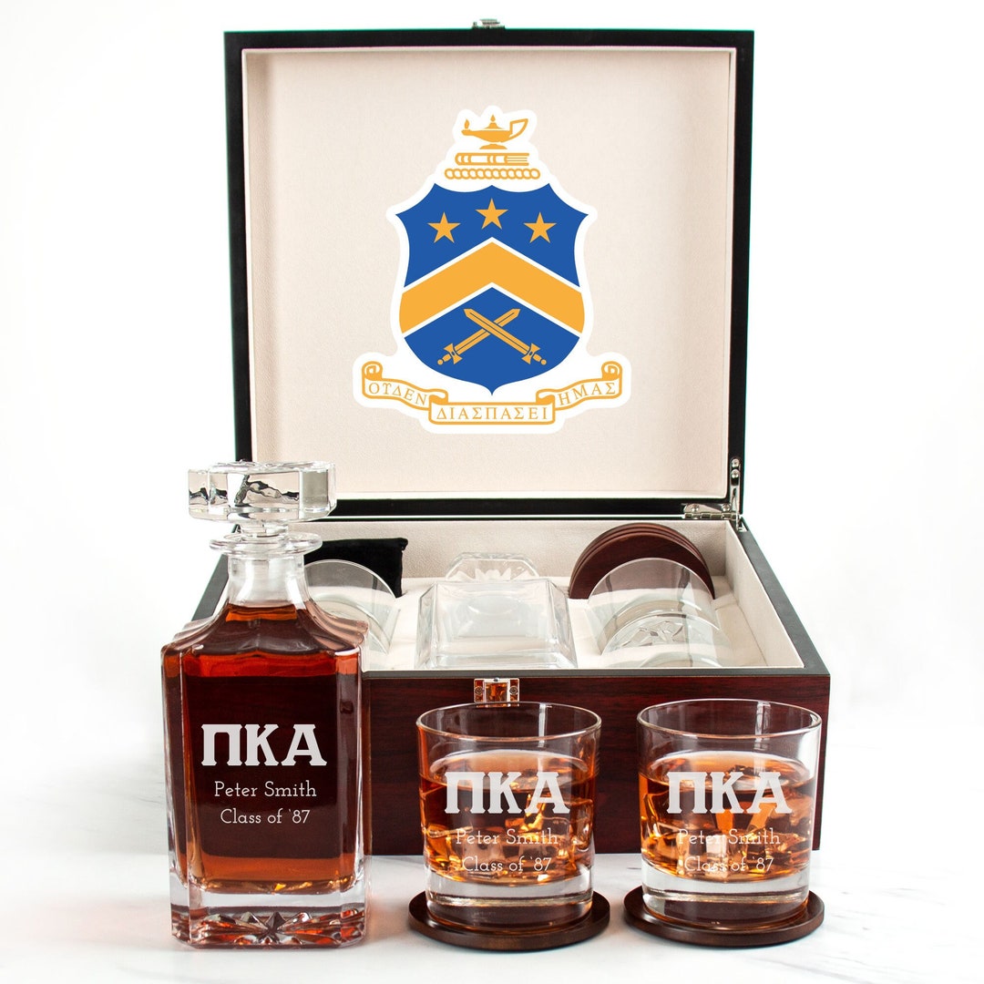 Pi Kappa Alpha Fraternity Cherry Wood Decanter and Whiskey Glass Set ...