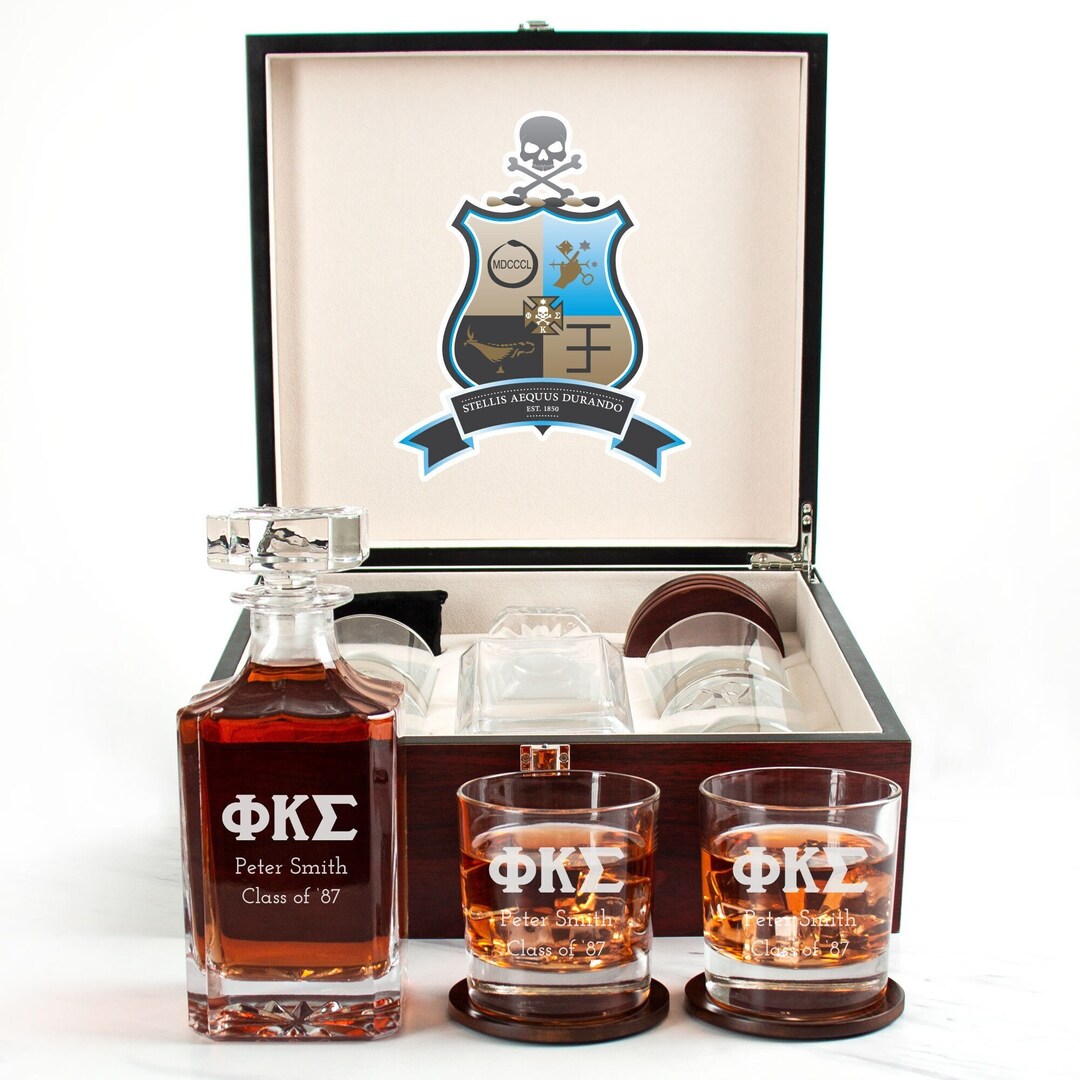 Phi Kappa Sigma Fraternity Cherry Wood Decanter and Whiskey Glass Set ...