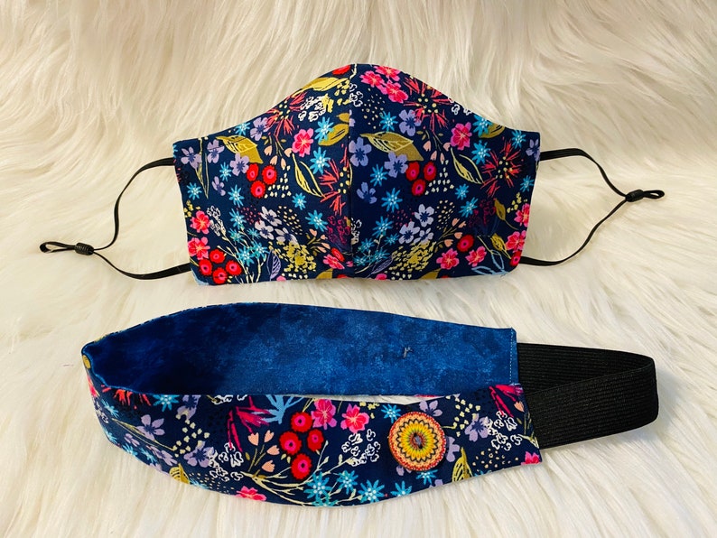 Floral Navy Blue Facemask With Filter Pocket and Matching - Etsy