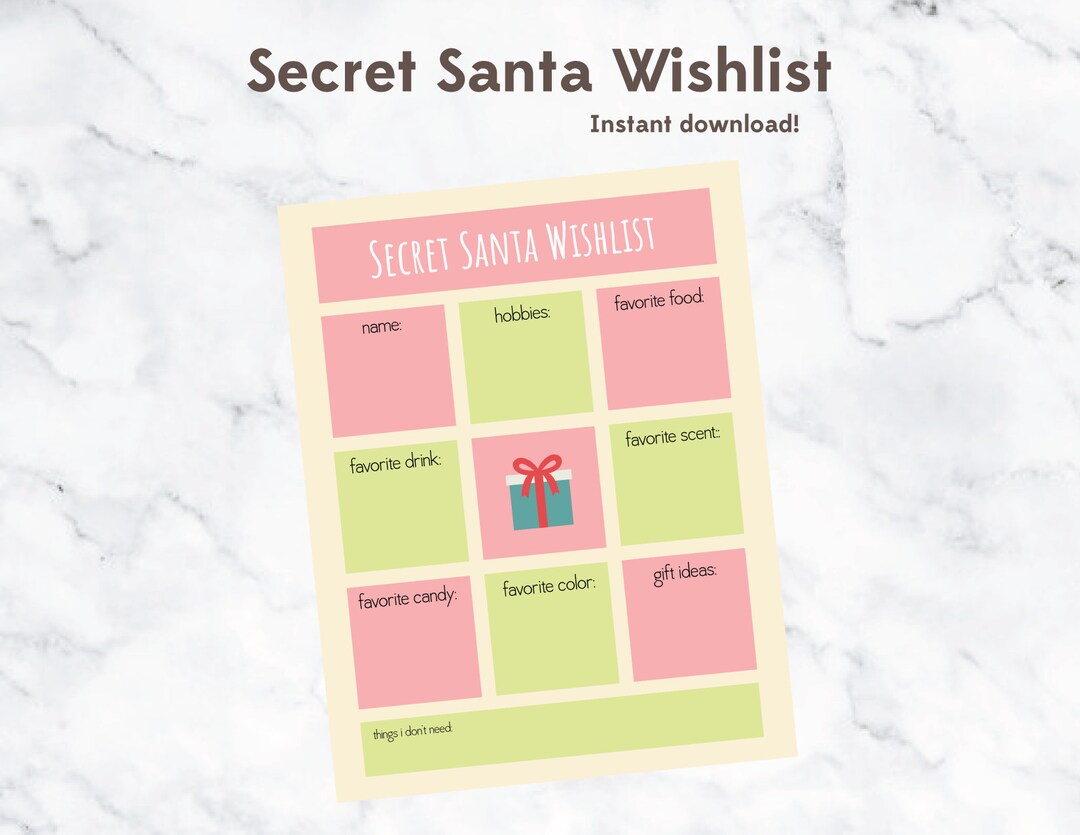 Secret Santa Gift Exchange Form Printable Wish List Gift Questionnaire ...