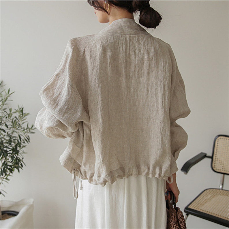 Women Long Sleeve Cotton Linen Jacket Zipper Closure Front Top | Etsy