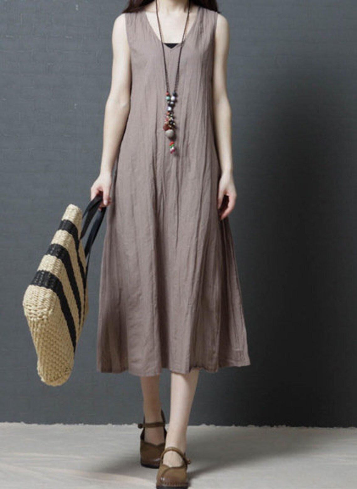 Womens Cotton/Linen Soft Clothing Sleeveless Dress Round Neck | Etsy