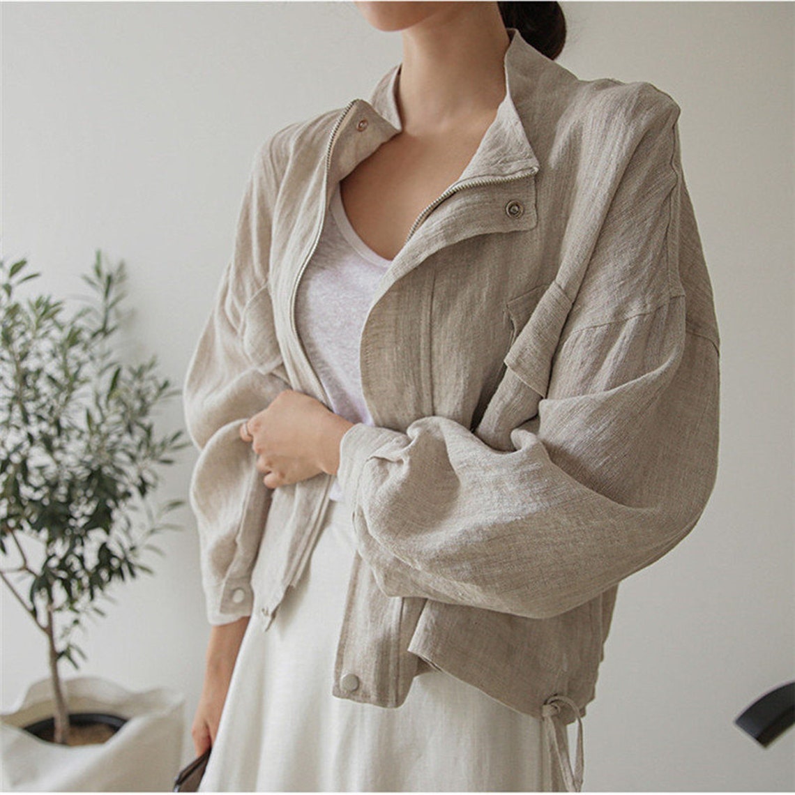 Women Long Sleeve Cotton Linen Jacket Zipper Closure Front Top | Etsy