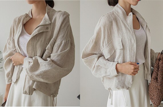 Women Long Sleeve Cotton Linen Jacket Zipper Closure Front Top | Etsy