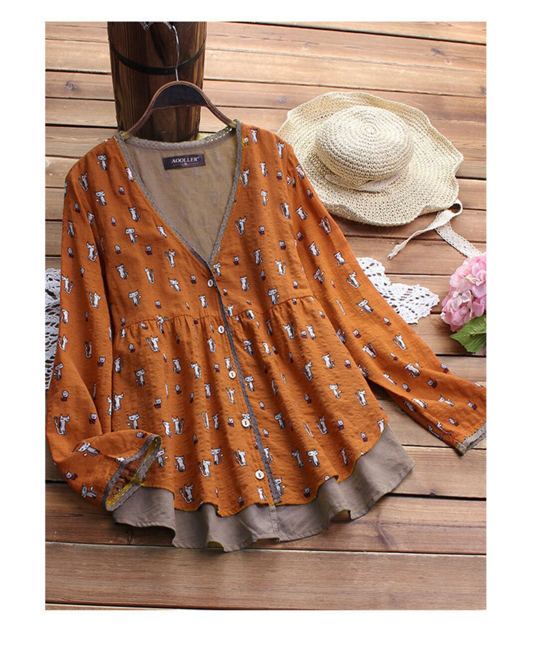 Women's Cotton Linen Shirt V Neck Button Down Cat Kitten Blouse Long ...