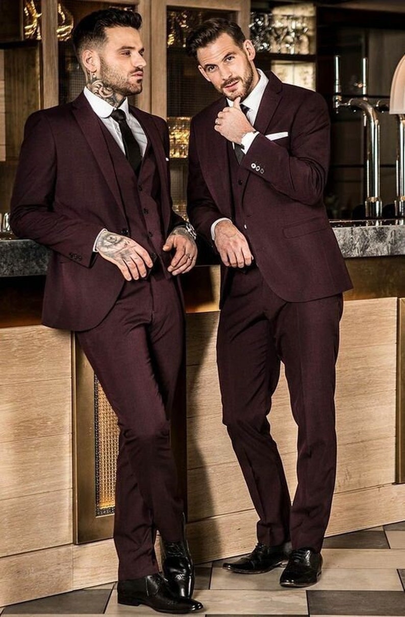 Men 3 Pc Suits Wine Color Wedding Suit Groom Wear Suits | Etsy