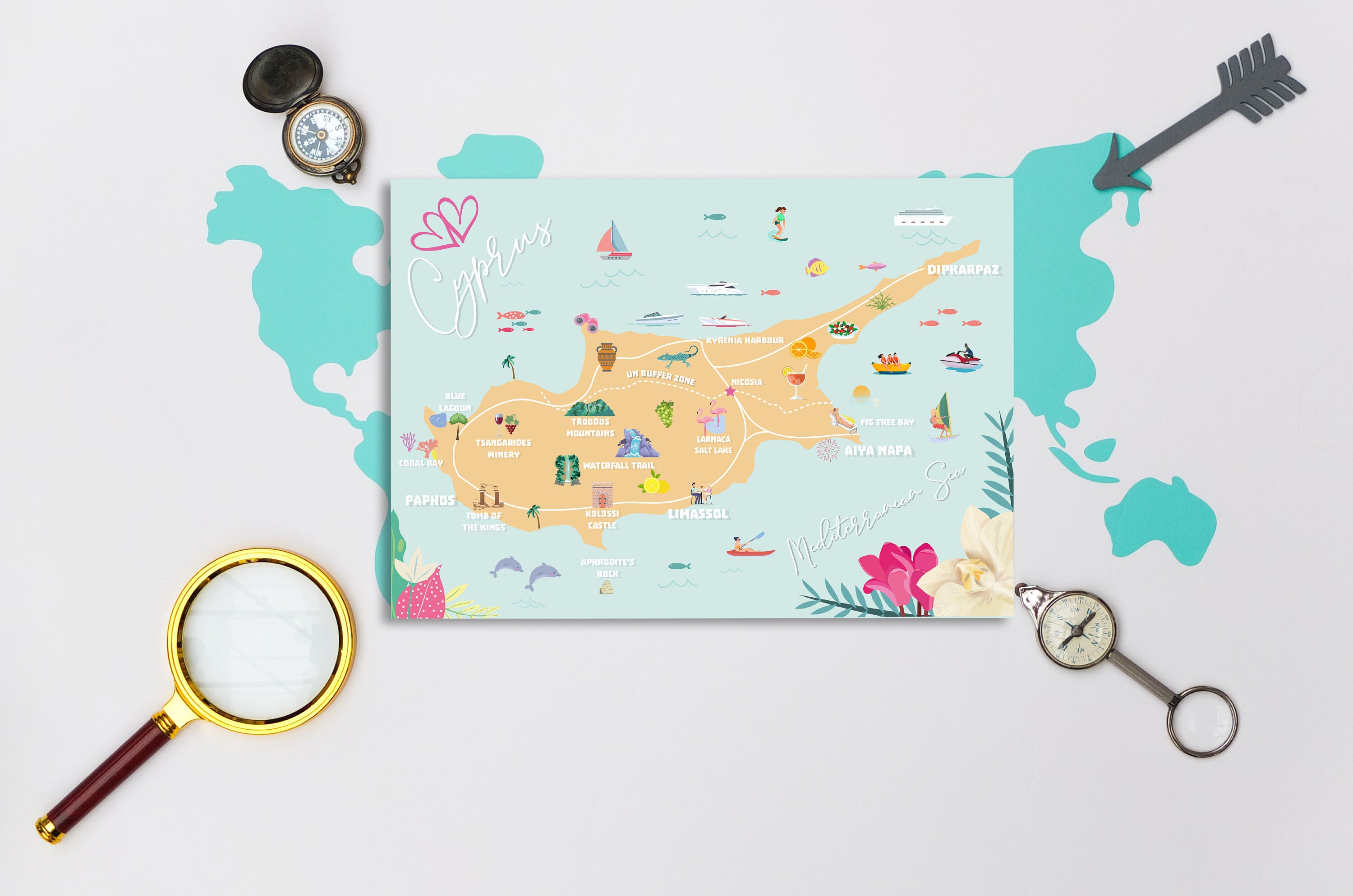 Cyprus Map Print Art Print Travel Decor paphos-limassol - Etsy UK