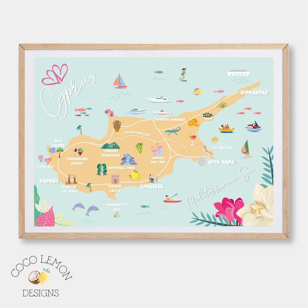 Cyprus Map Print - Art Print - Travel Decor -paphos-limassol- Home ...