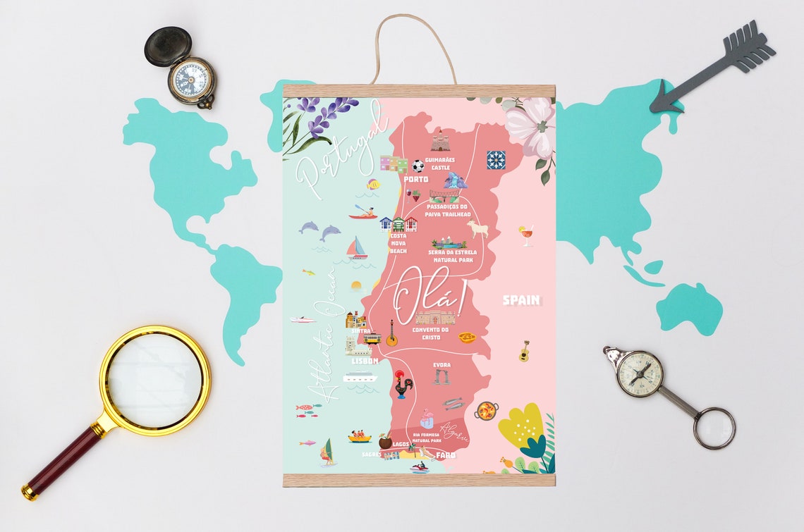 Illustrated Portugal Map Print - Various Cities and Landmarks Included ...