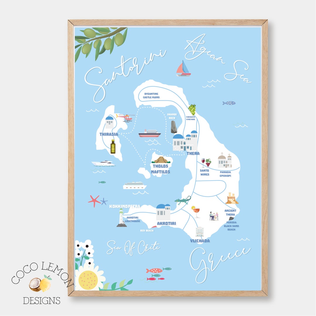 Illustrated Santorini, Greece Travel Map Print - Various Landmarks ...