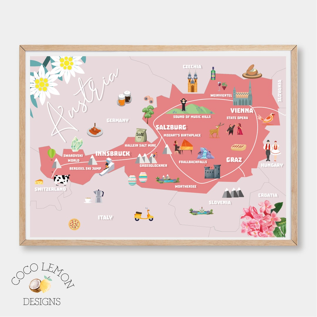 Austria Map Print - Art Print - Travel Decor - Vienna - Salzburg ...