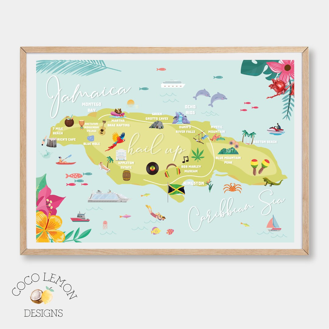 Jamaica Map Art Print: Caribbean Island Travel Decor (digital Download ...