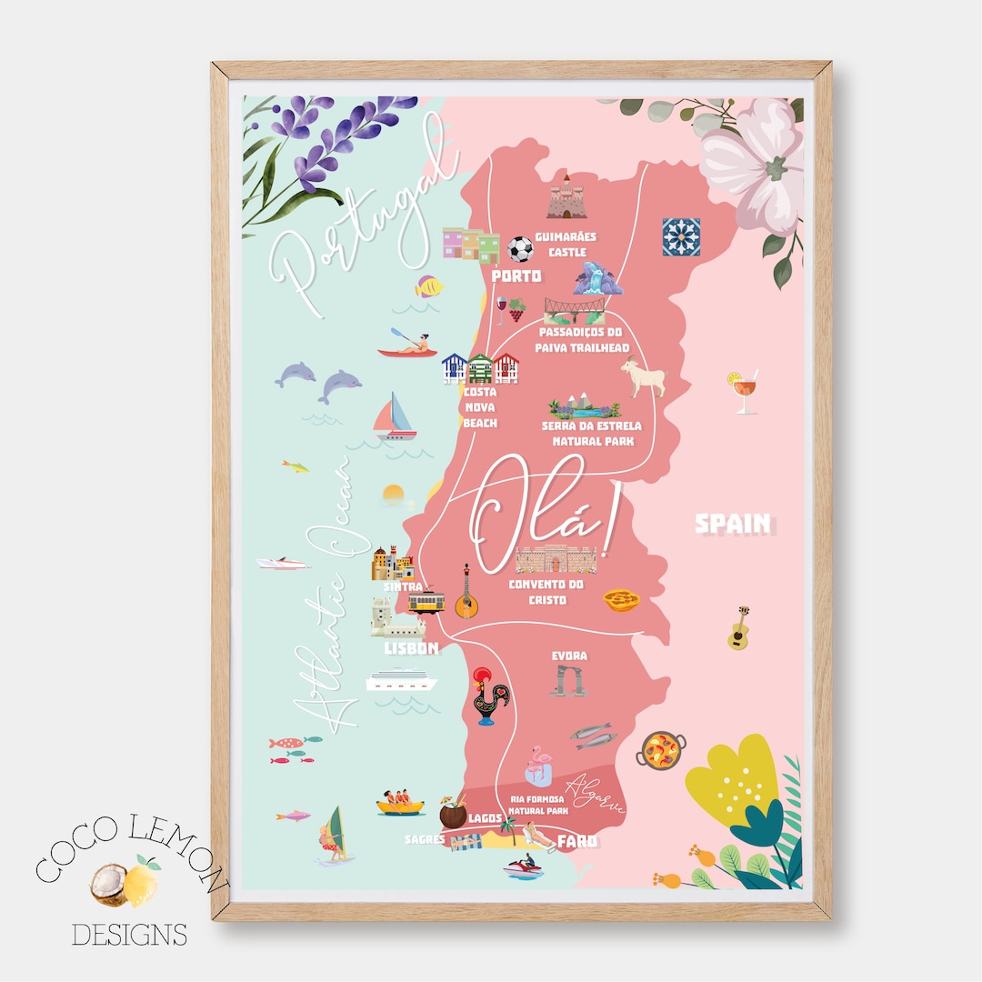 Illustrated Portugal Map Print - Various Cities and Landmarks Included ...