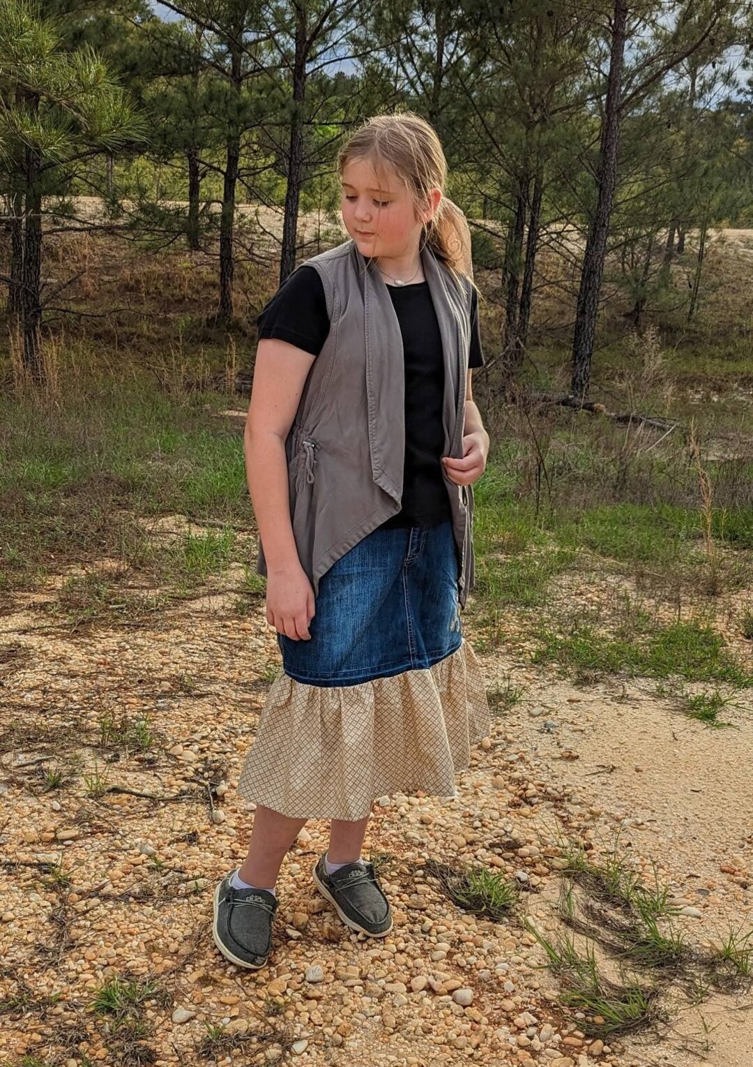 Modest Blue Jean Skort With Flower Embroidery With a Cotton Ruffle - Etsy