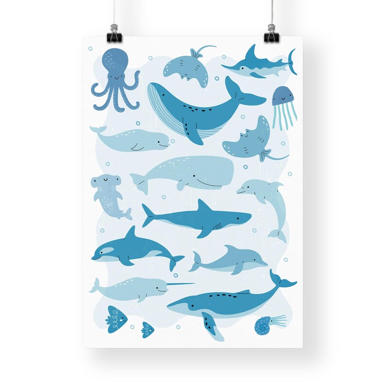 Ocean Animals Poster for Kids – Blue Sea Life Decor, Kids Room Wall Art ...
