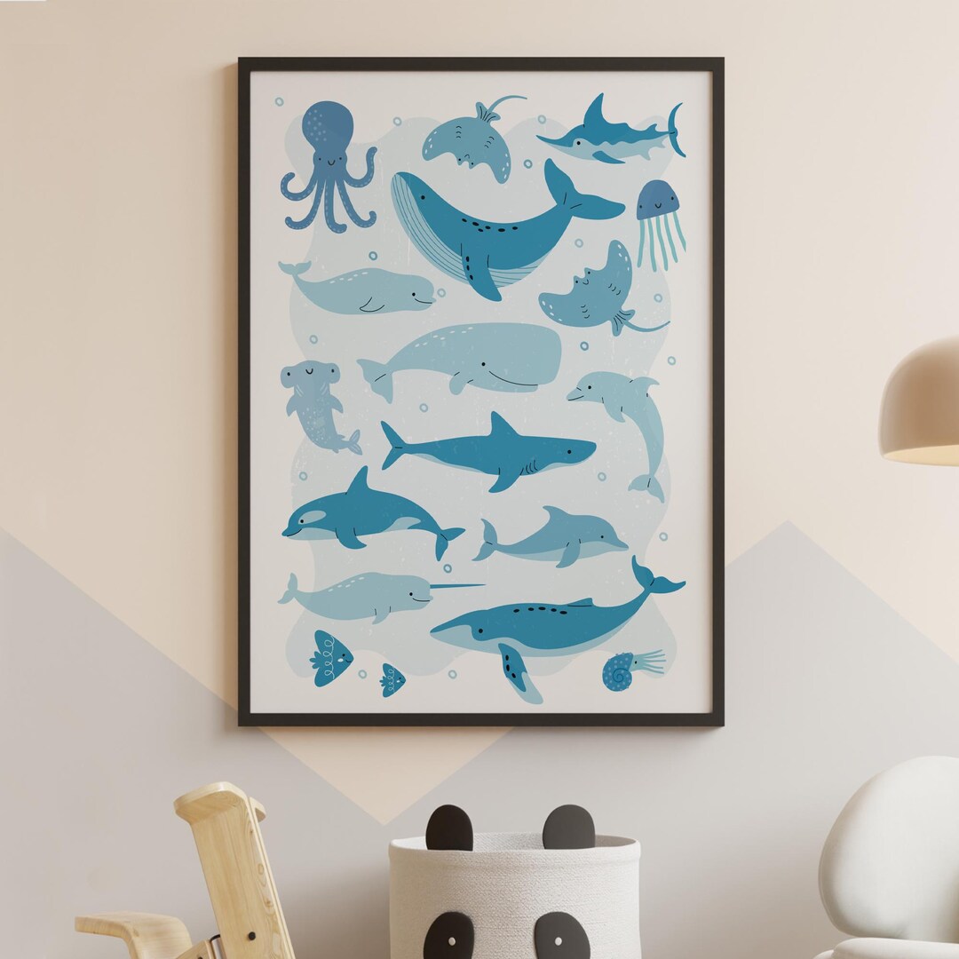 Ocean Animals Poster for Kids – Blue Sea Life Decor, Kids Room Wall Art ...