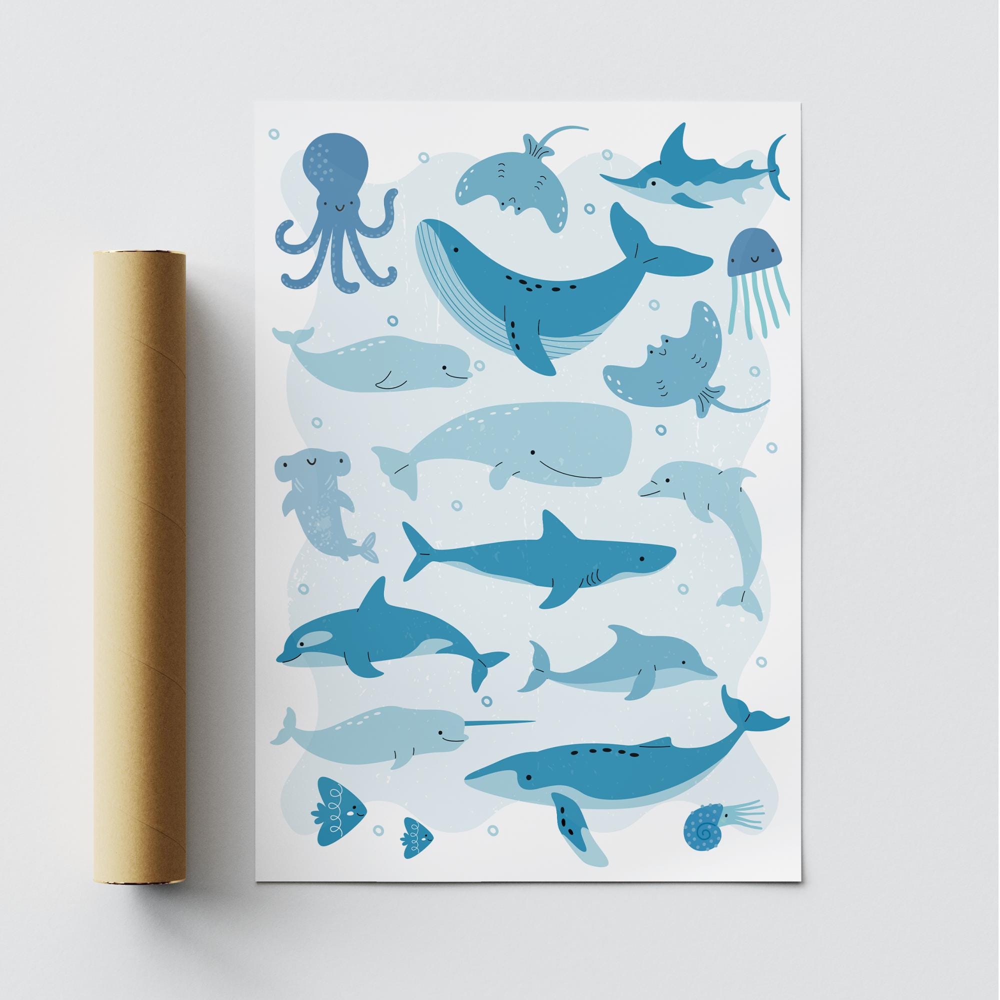 Ocean Animals Poster for Kids – Blue Sea Life Decor, Kids Room Wall Art ...