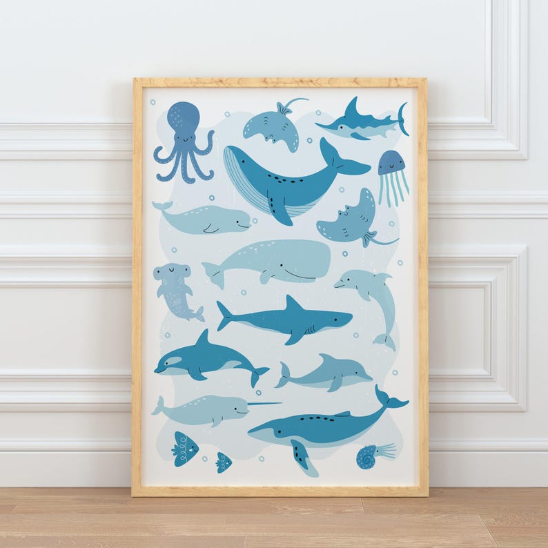 Ocean Animals Poster for Kids – Blue Sea Life Decor, Kids Room Wall Art ...