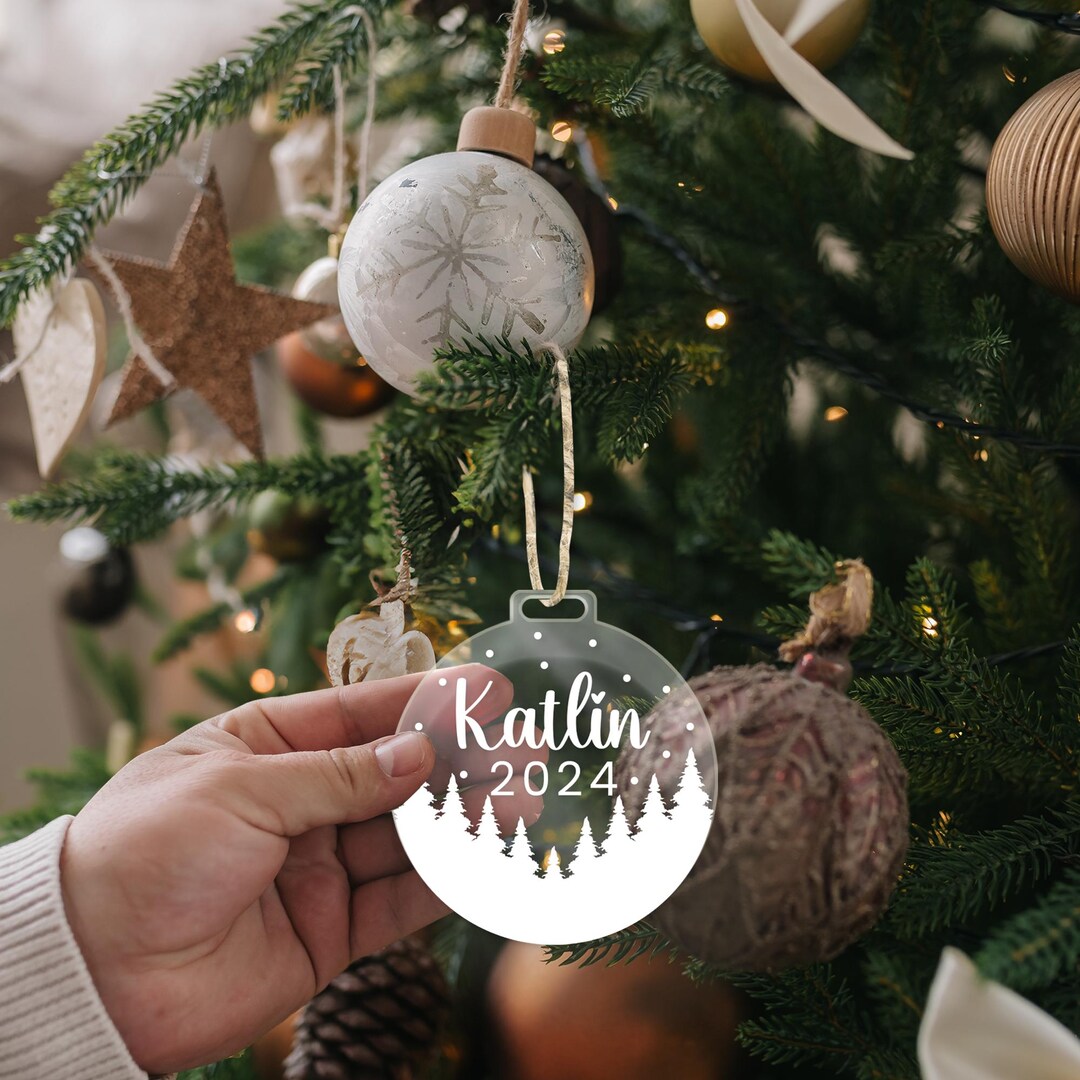 Name & Year Forest - Clear Acrylic, Custom Bauble, Vinyl/clear Bauble ...