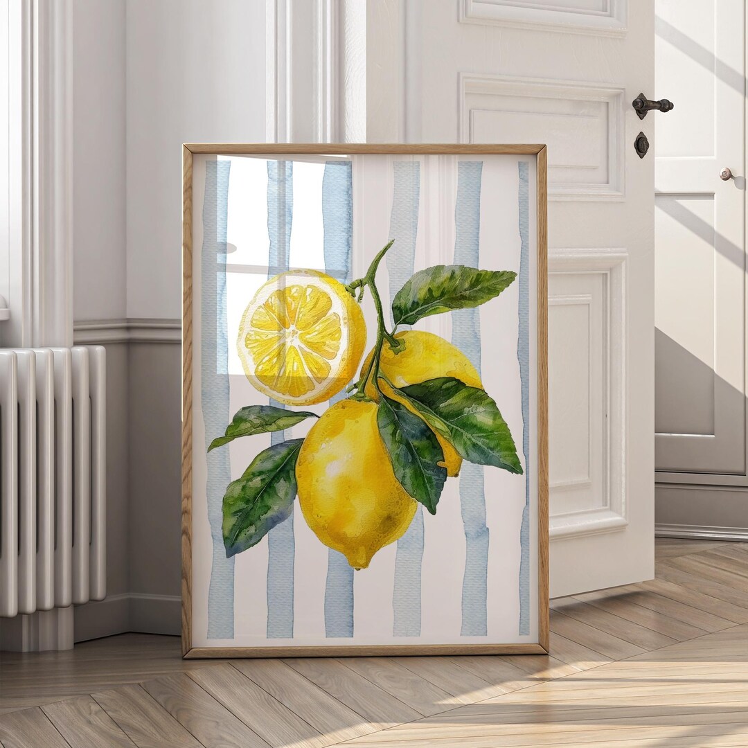 Watercolour Lemon Print | Italian Fruit Wall Art With Blue Stripes ...